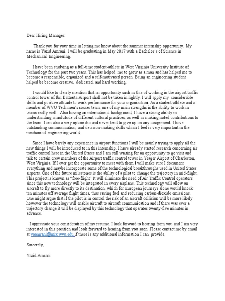 Dear Hiring Manager | Airport | Internship
