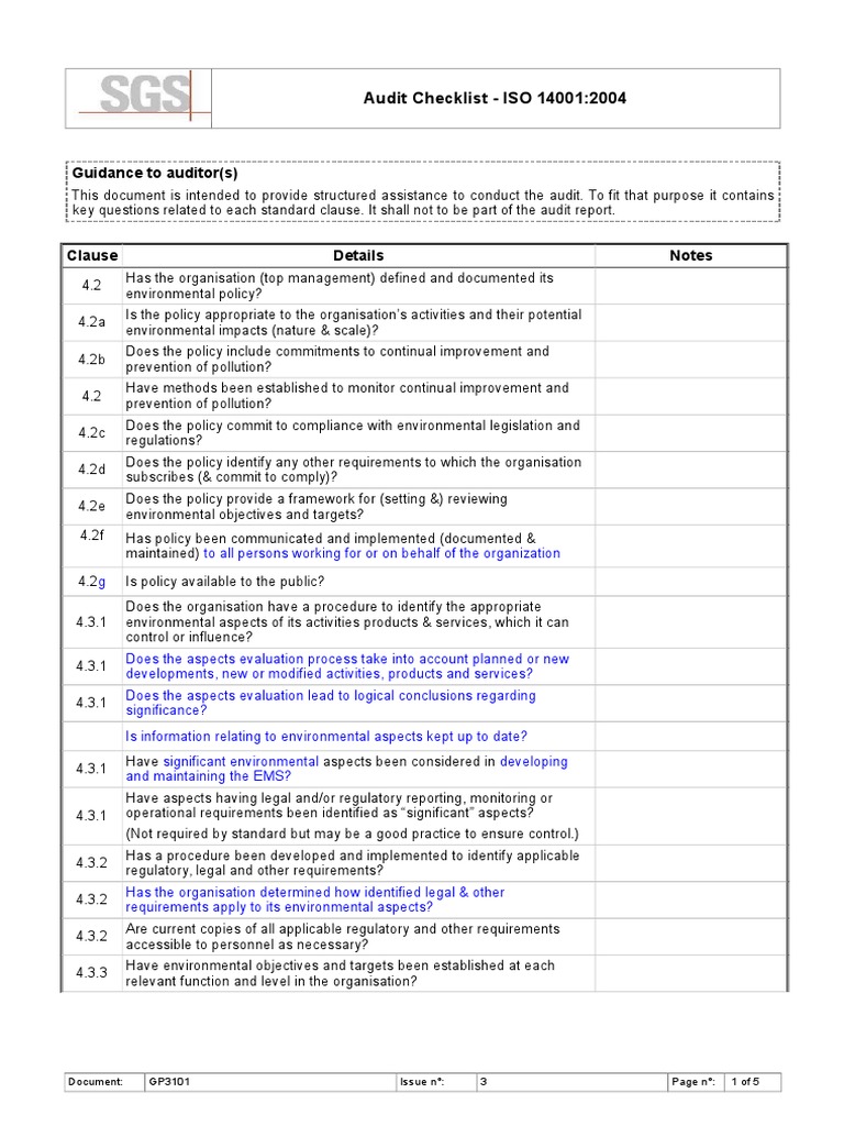 GP3101 ISO 14001 - 2004 Checklist | Audit | Business
