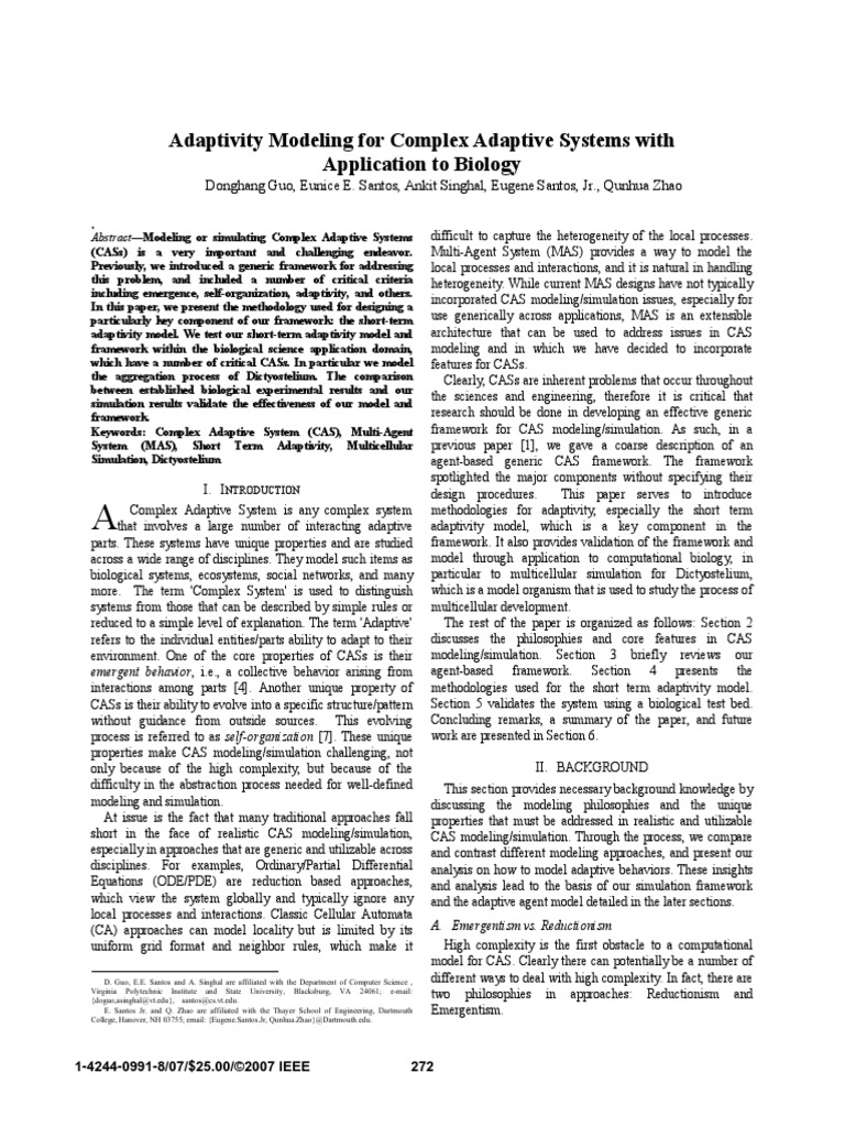 Adaptivity Modeling For Complex Adaptive Systems With Application To Biology | PDF | Agent Based ...