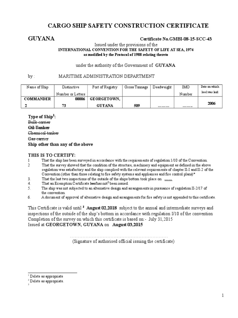 Cargo Ship Safety Construction Certificate | PDF | Oil Tanker | Ships