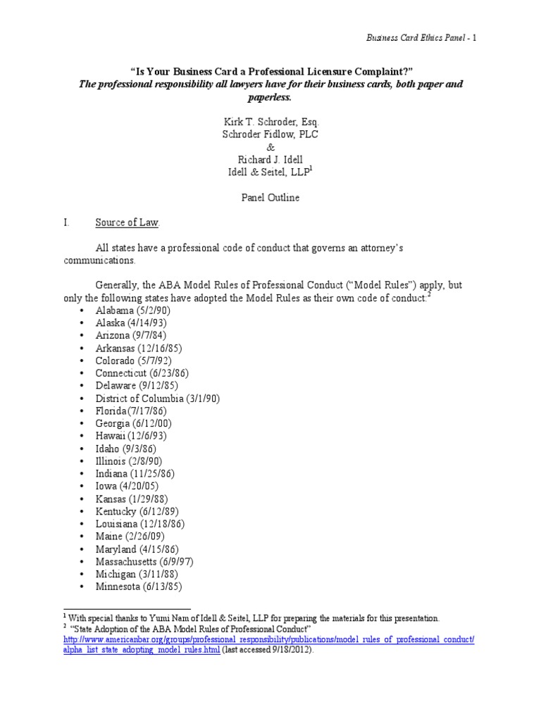 Business Card Ethics Panel Outline | PDF | Practice Of Law | Lawyer