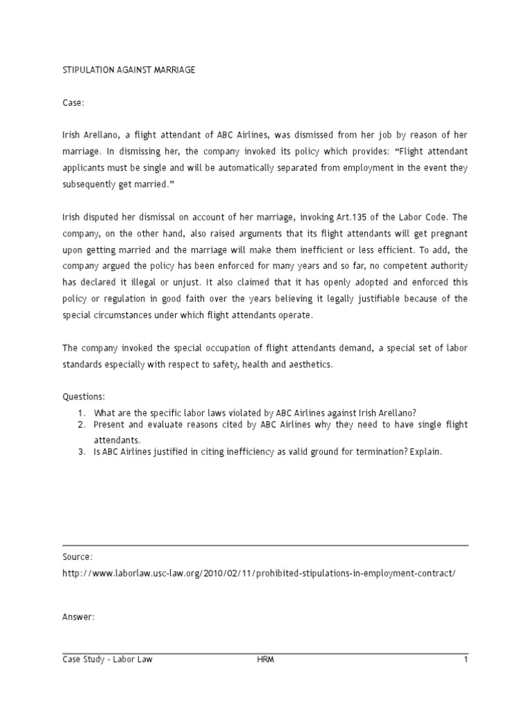 HRM Case Study Stipulation Against Marriage | PDF | Flight Attendant ...