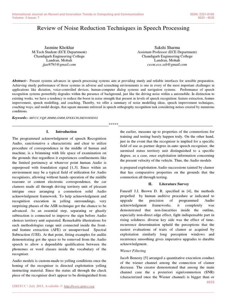 Review of Noise Reduction Techniques in Speech Processing | PDF ...