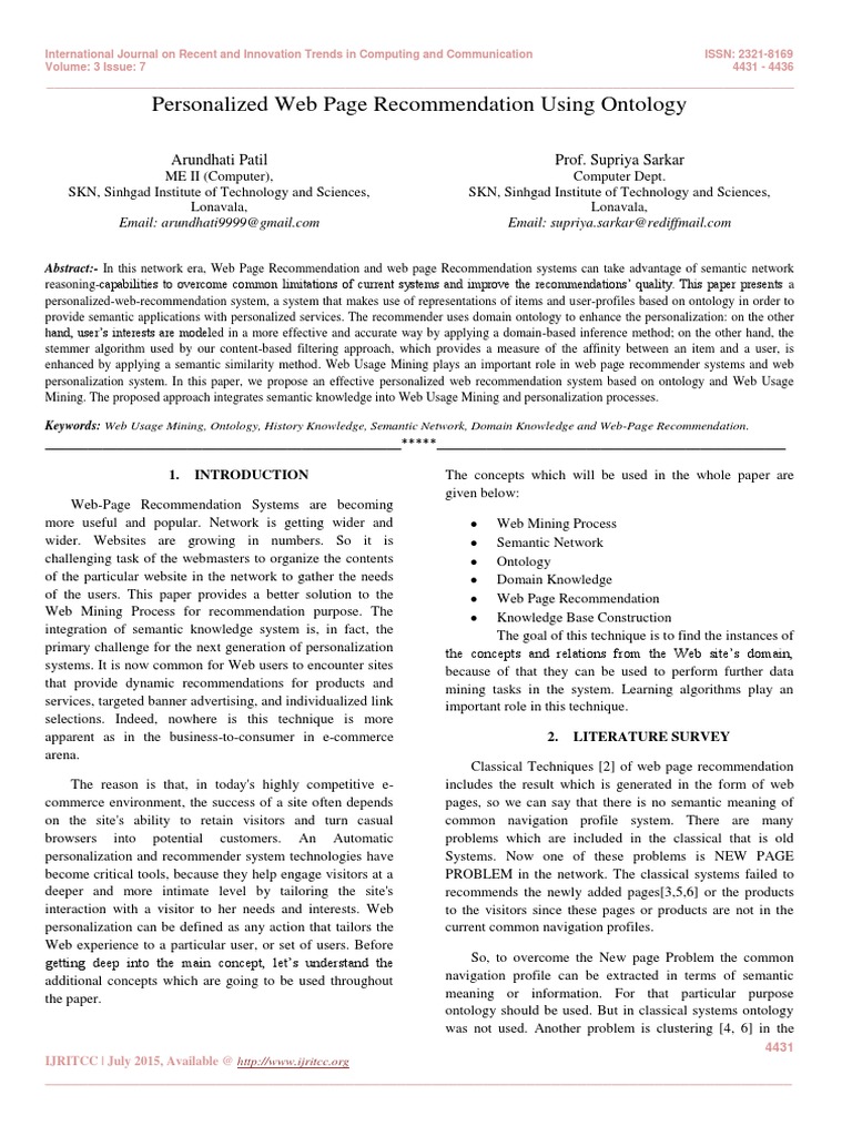 Personalized Web Page Recommendation Using Ontology | PDF | Ontology (Information Science ...