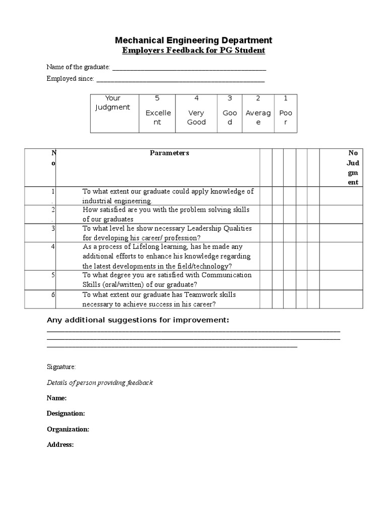 Employer Feedback for PG Engineering Students | PDF