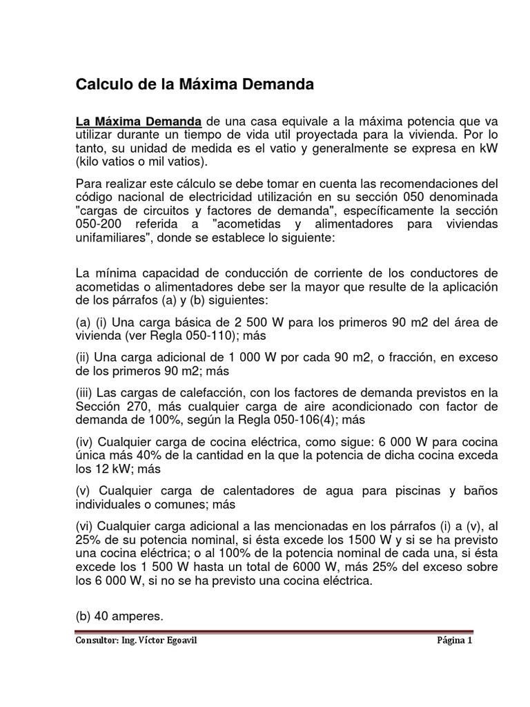 Cálculo Máxima Demanda Vivienda | PDF | Vatio | Energia electrica