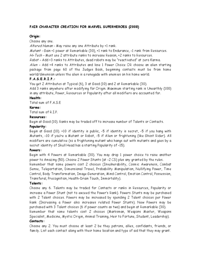 MSH RPG - Fair Character Creation | PDF | Speculative Fiction ...