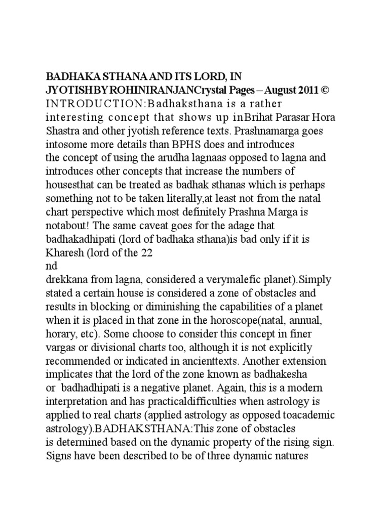 Badhaka Sthana and Its Lord-Uploaded | PDF | Hindu Astrology | Divination