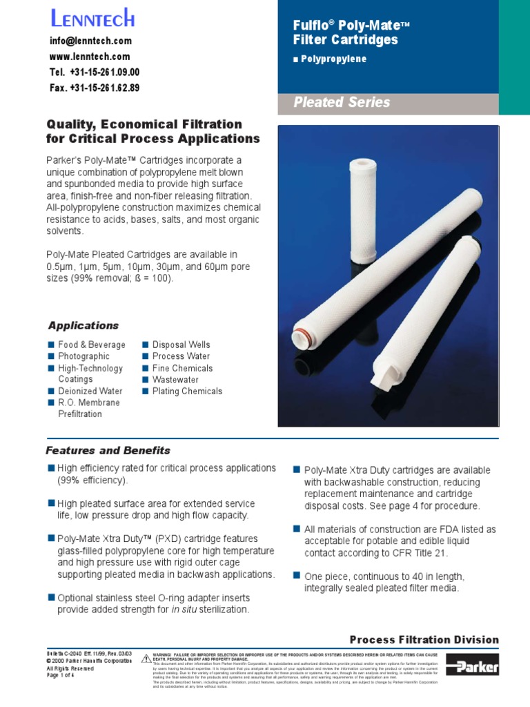 Parker Fulflo Poly Mate Filter Cartridge | PDF | Filtration | Chemical ...