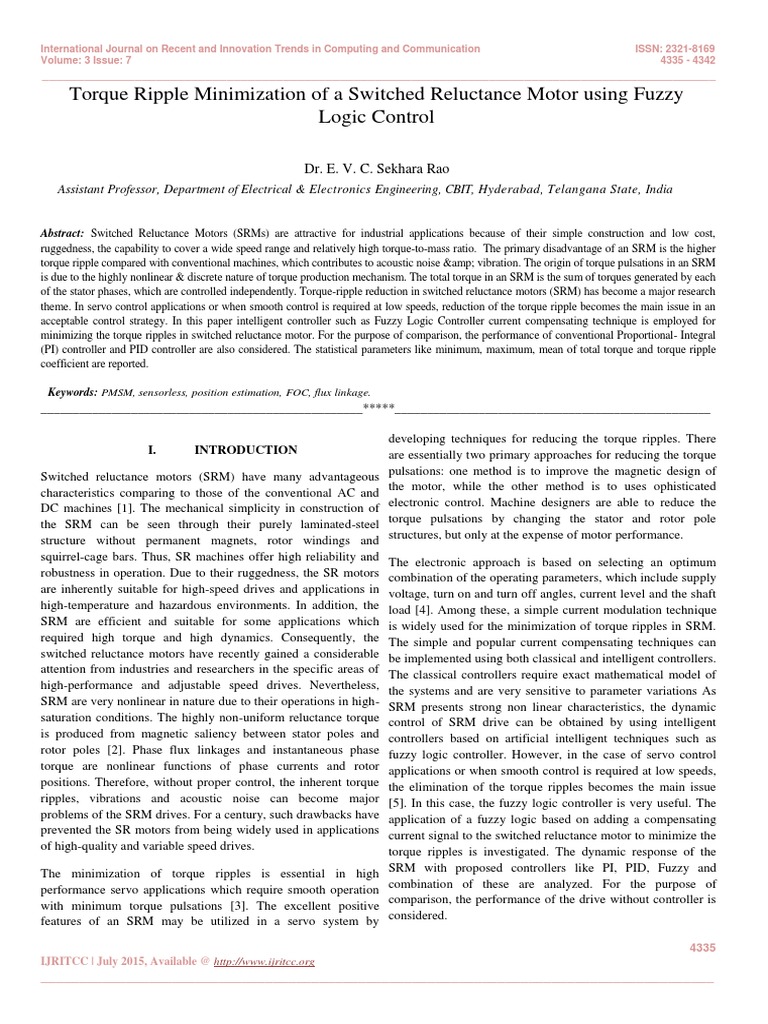 Torque Ripple Minimization Of A Switched Reluctance Motor Using Fuzzy Logic Control Pdf