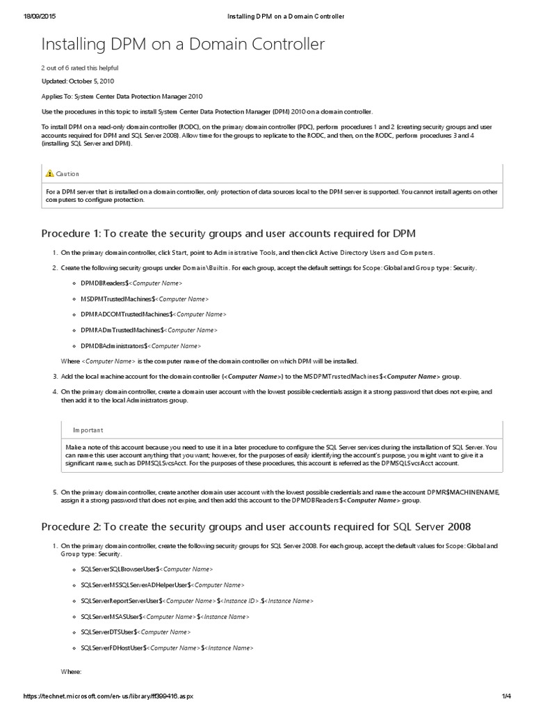 Installing DPM On A Domain Controller PDF | PDF | Microsoft Sql Server ...