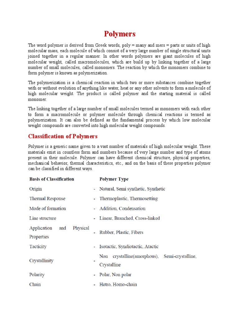 Classification of Polymers | PDF | Polymerization | Polymers