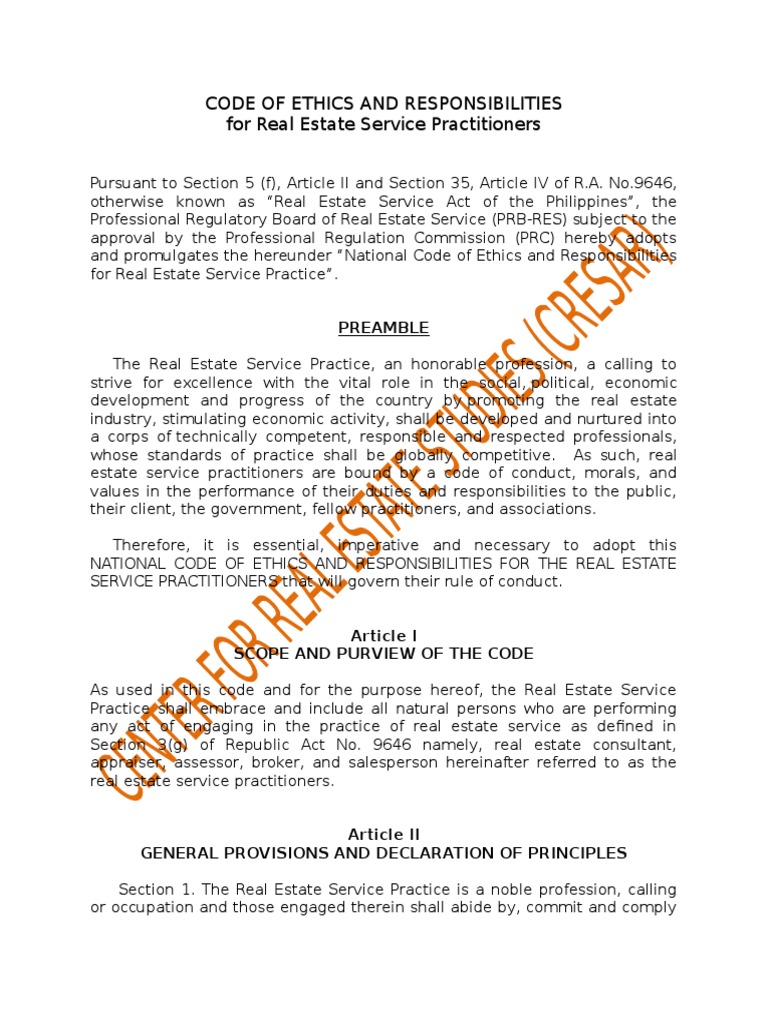 Code of Ethics and Responsibilies For Resp | PDF | Real Estate Appraisal | Profession