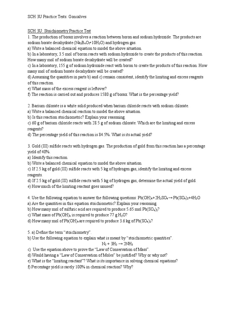 SCH 3U Stoichiometry Practice Test | PDF | Stoichiometry | Mole (Unit)