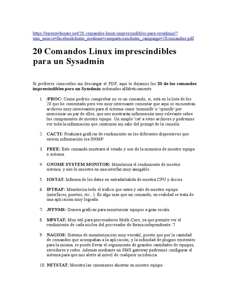 20 Comandos Linux Imprescindibles para Un Sysadmin | PDF | Unidad Central de procesamiento ...