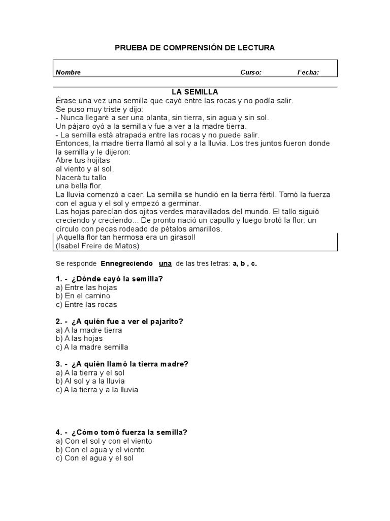 Comprensión Lectora: La Semilla | PDF
