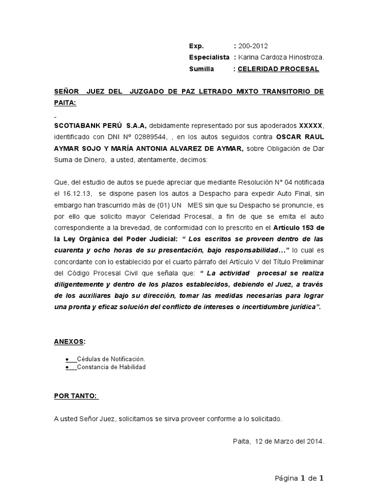 ESCRITO SOLICITANDO Celeridad Procesal | PDF