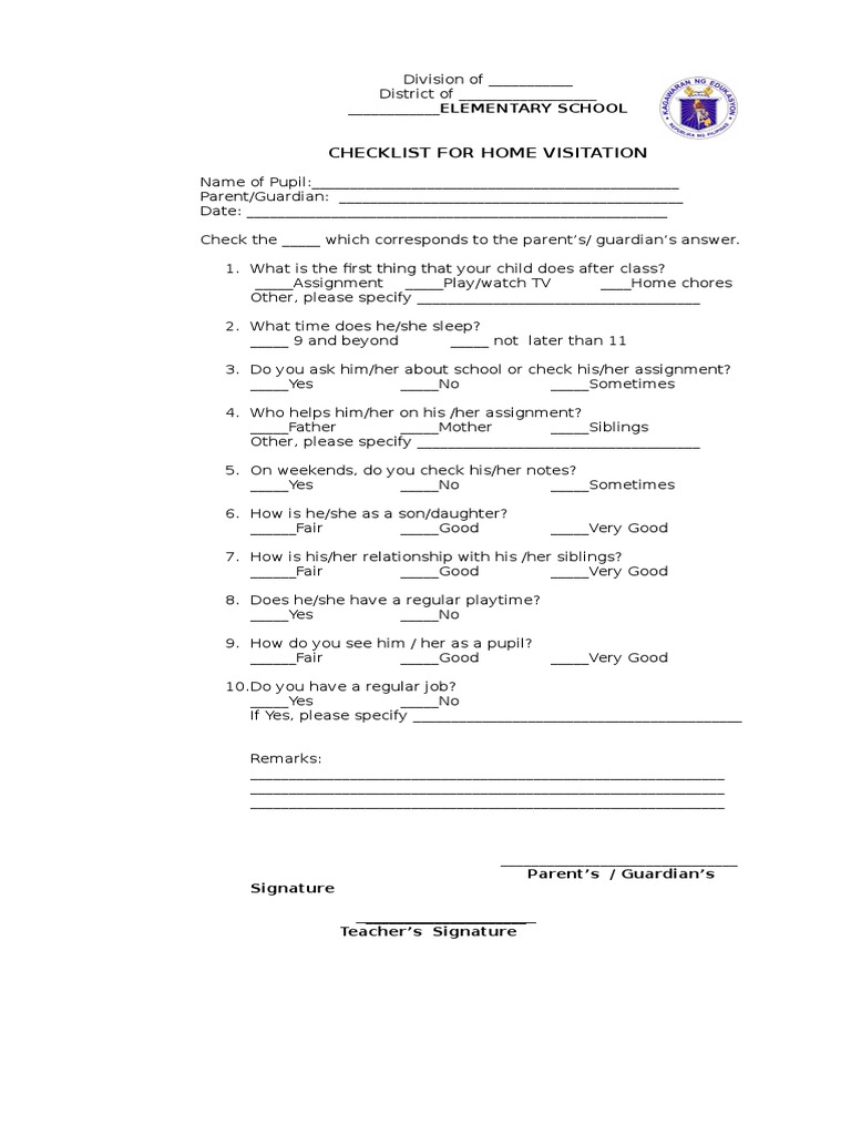 Checklist For Home Visitation | PDF