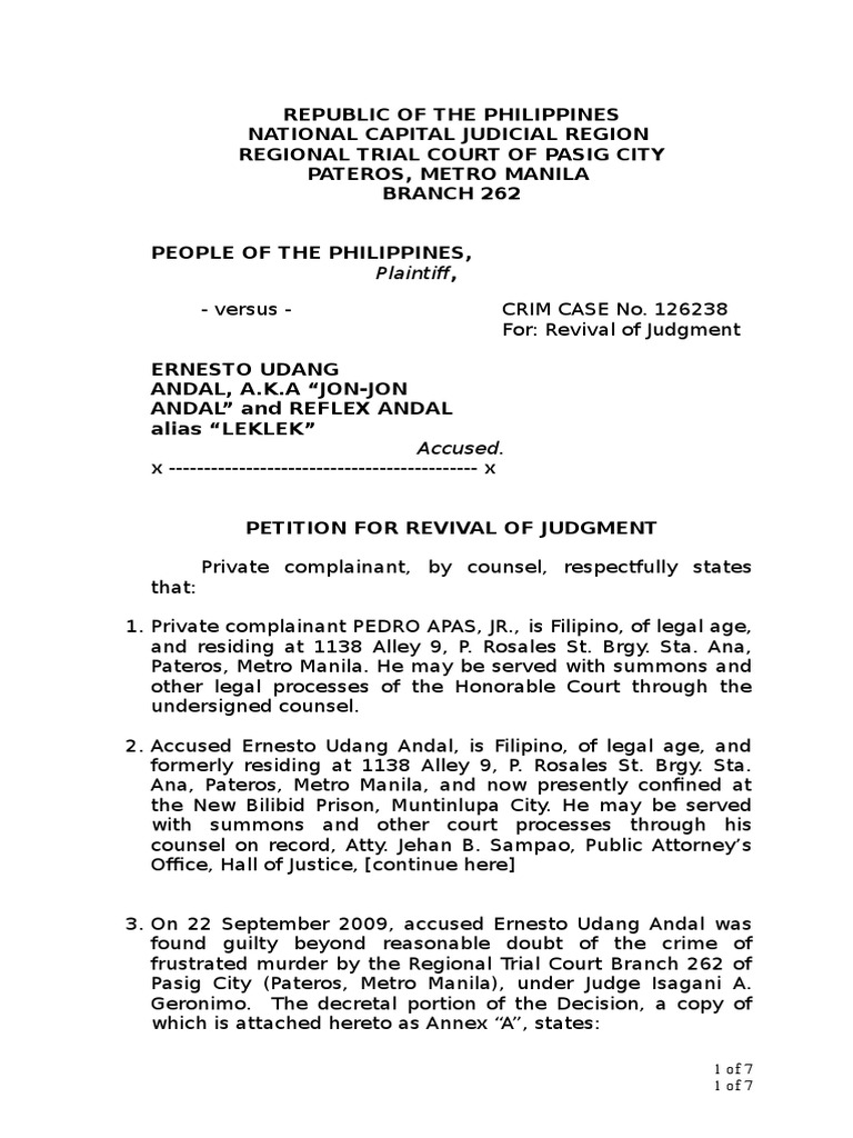 (Draft) People V Andal - Petition For Revival of Judgment | PDF | Metro ...