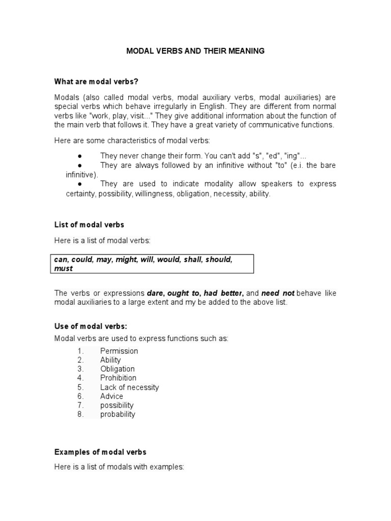 Modal Verbs and Their Meaning | PDF | Linguistic Morphology | Semantic Units