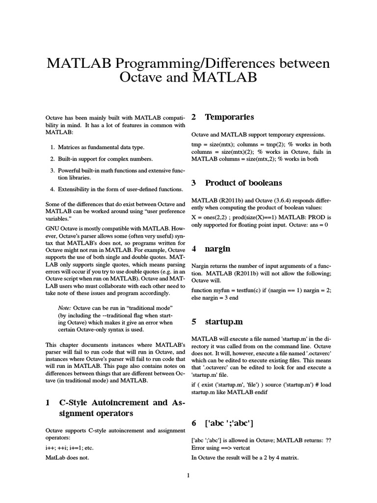 Matlab Programming Differences Between Octave And Matlab Pdf Matlab Command Line Interface 8694