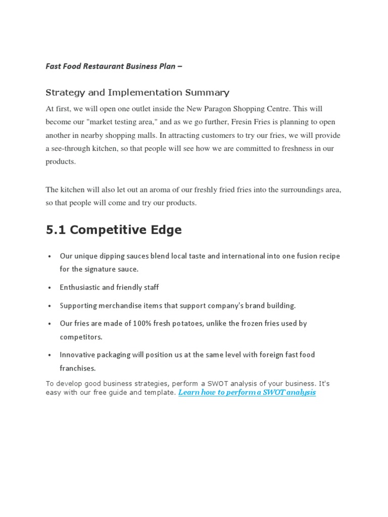 Fast Food Restaurant Business Plan - Strategy and Implementation ...