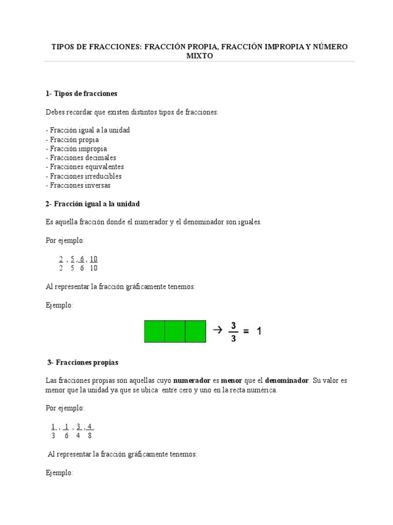 Tipos de fracciones: propia, impropia y mixta | PDF | Decimal ...