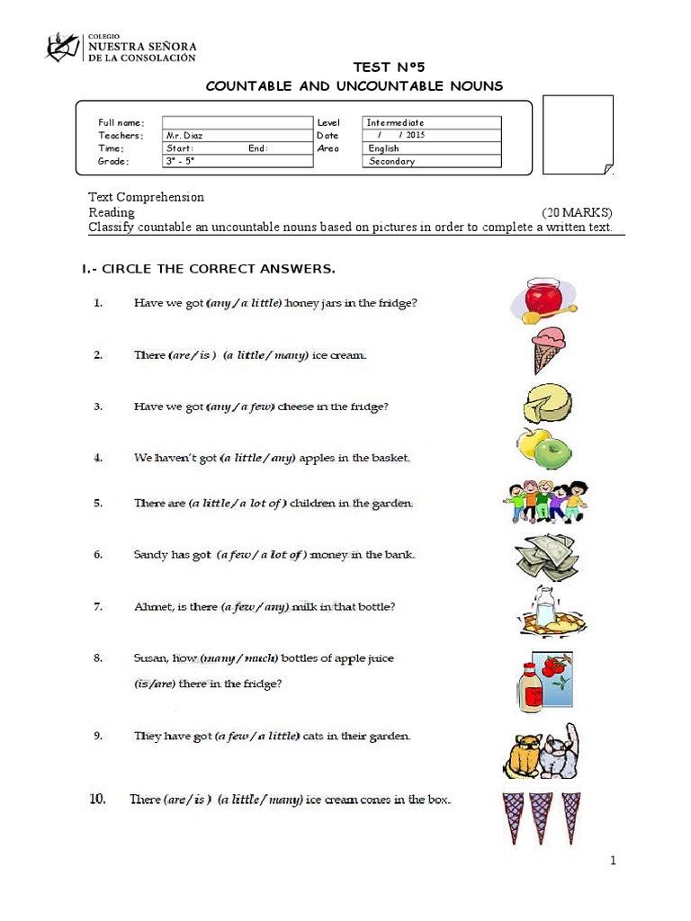 Countable vs Uncountable Nouns Test | PDF