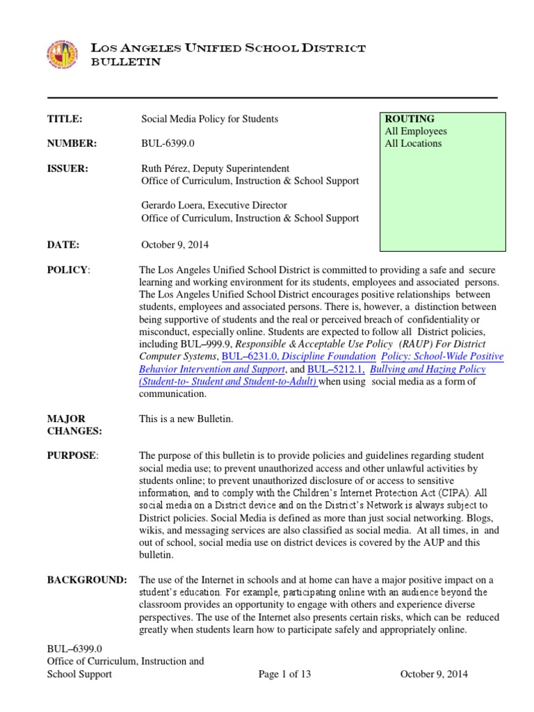 LAUSD Social Media Policy For Students | PDF | Social Media | Popular ...