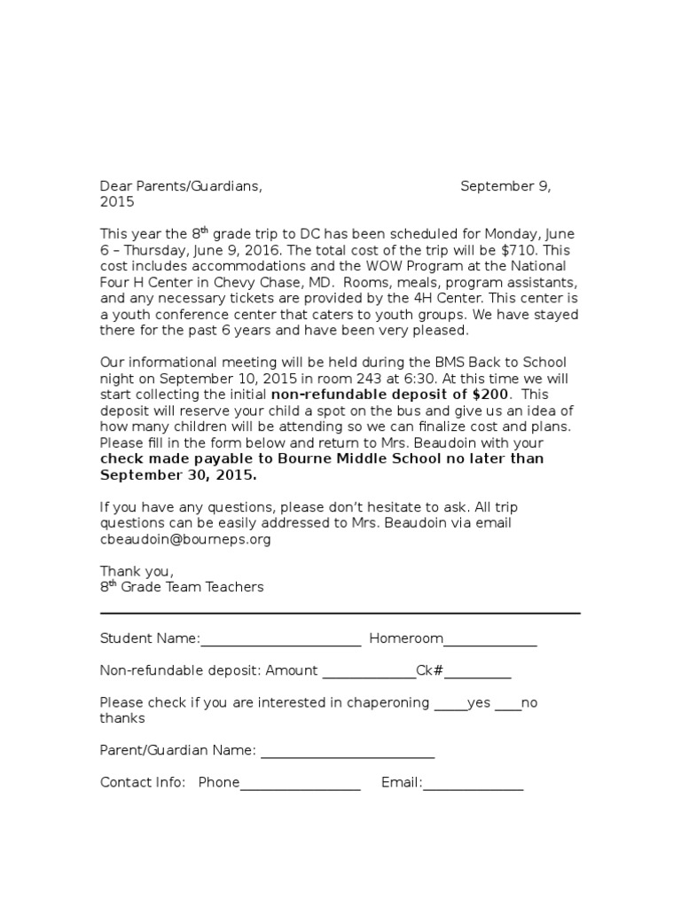 Check Made Payable To Bourne Middle School No Later Than September 30 ...