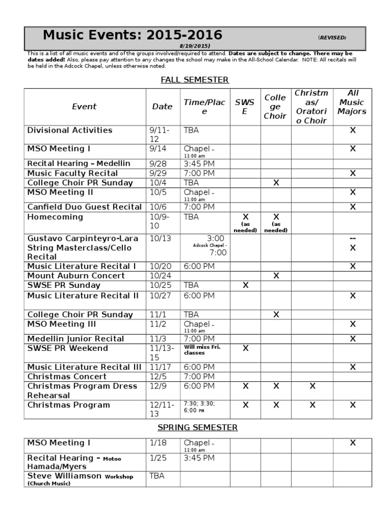 2015-2016 Music Events Schedule | PDF | Concert | Classical Music