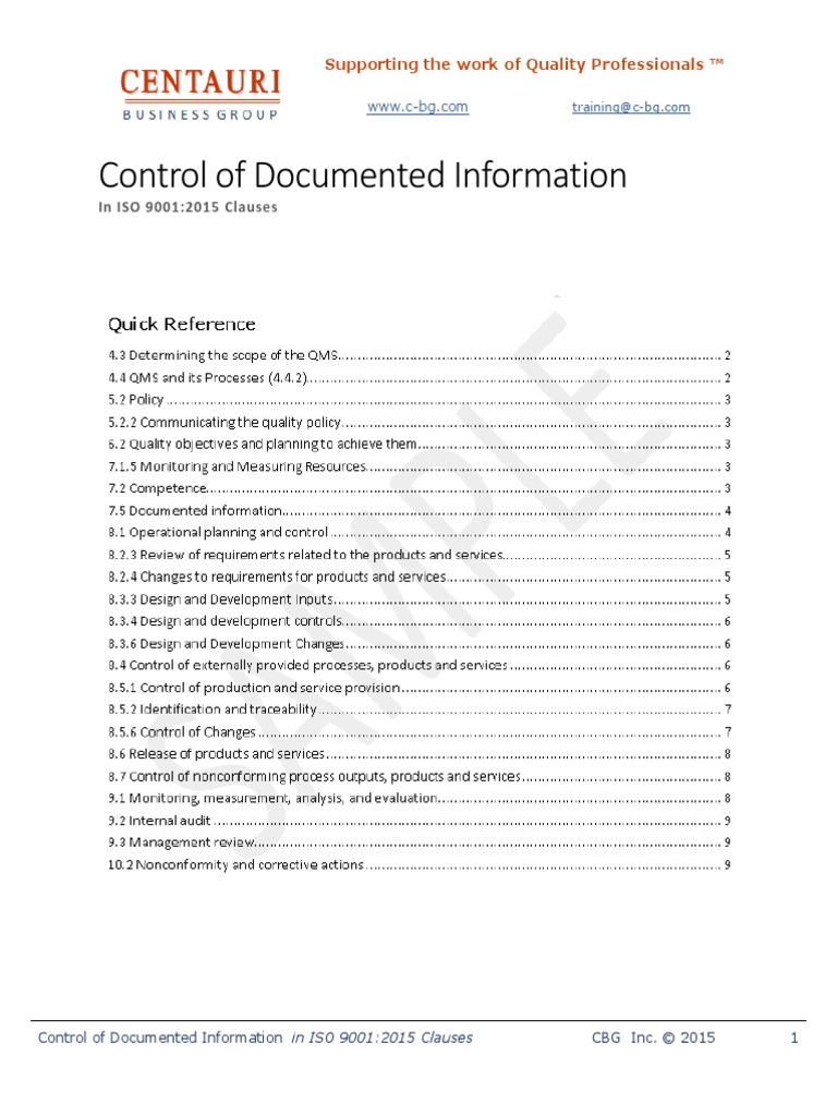 Control of Documented Information in ISO 9001:2015 Clauses (Preview) | PDF