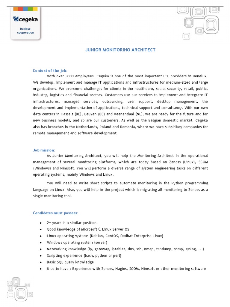 Junior Monitoring Architect Role at Cegeka | PDF | Linux | Operating System