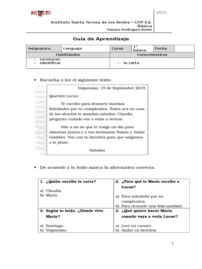 Comprensión Lectora: La Carta para Niños | PDF