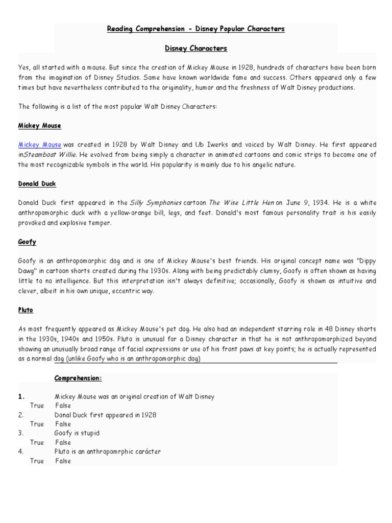 Disney Character Reading Comprehension | PDF