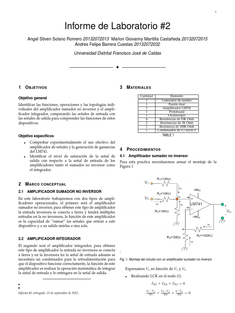 Amplificador Sumador No Inversor y Amplificador Integrador | PDF ...