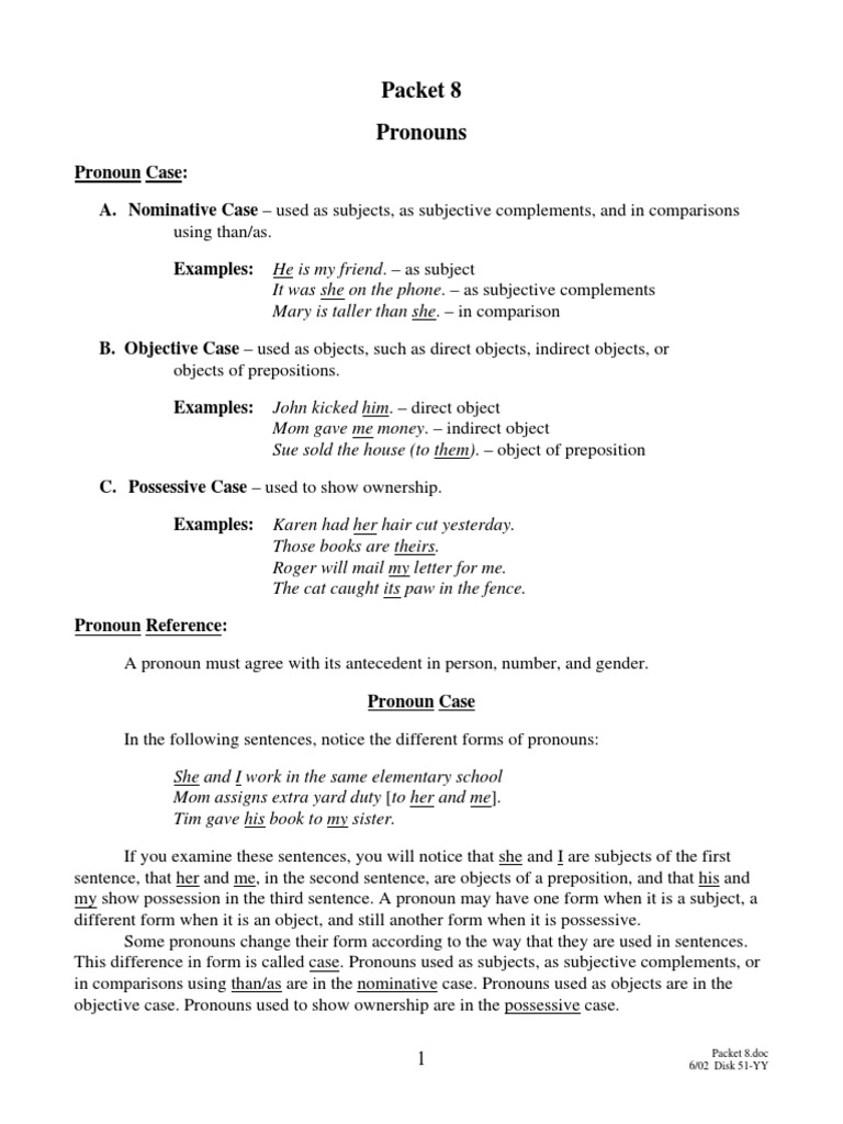 Packet8 Pronouns | PDF | Object (Grammar) | Pronoun