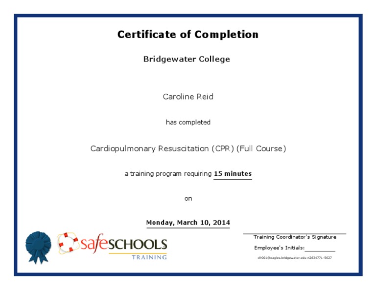 CPR Completion Certificate - Bridgewater College | PDF