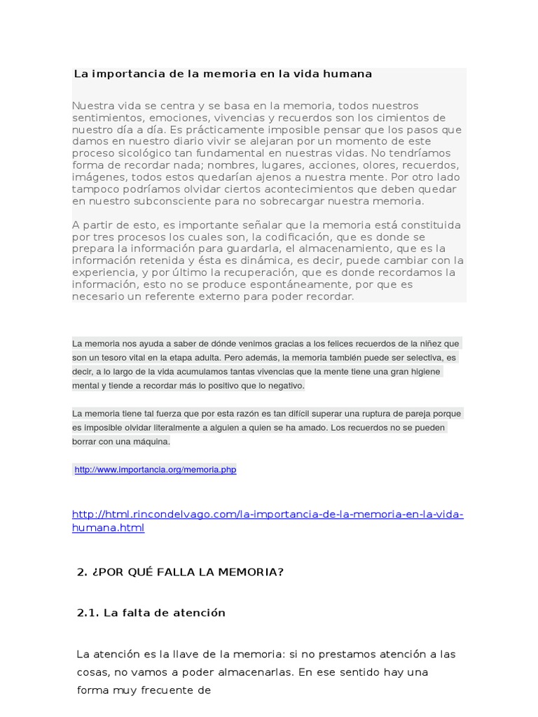 La Importancia de La Memoria en La Vida Humana | PDF | Memoria ...