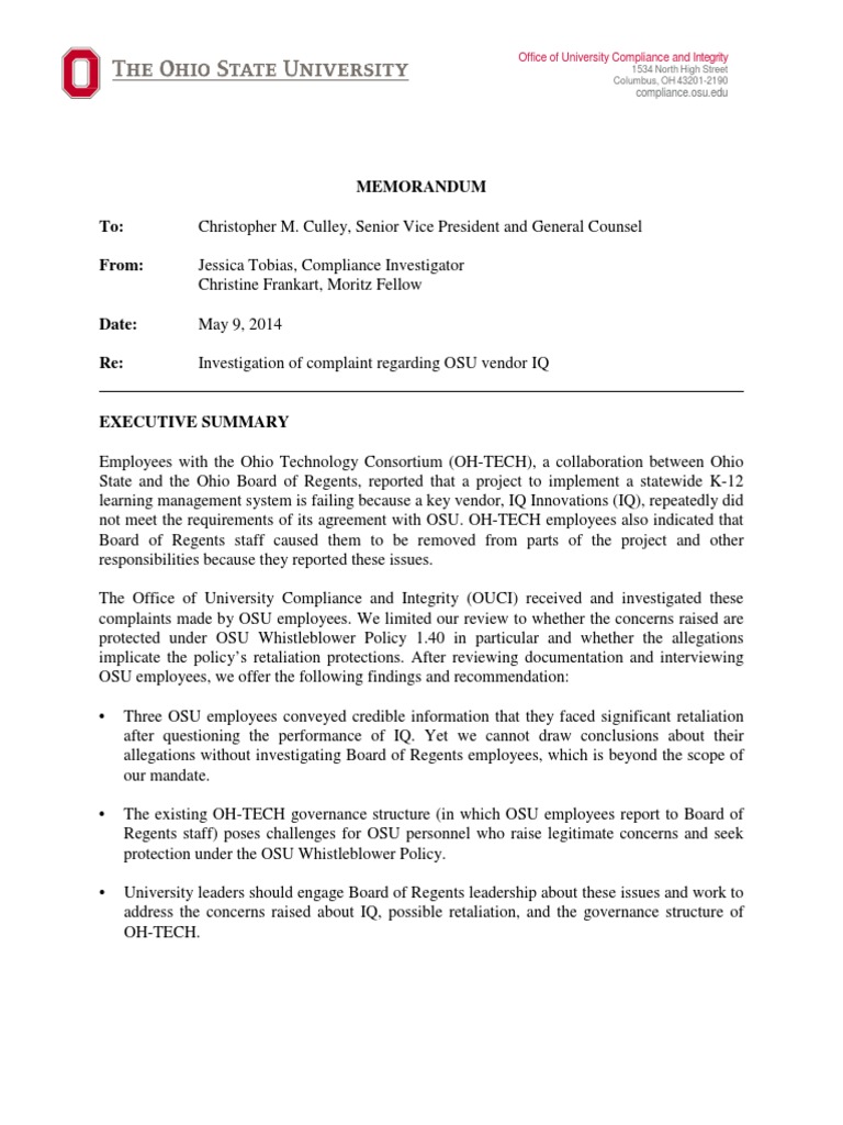 Investigation Report - OH-TECH | Whistleblower | Employment