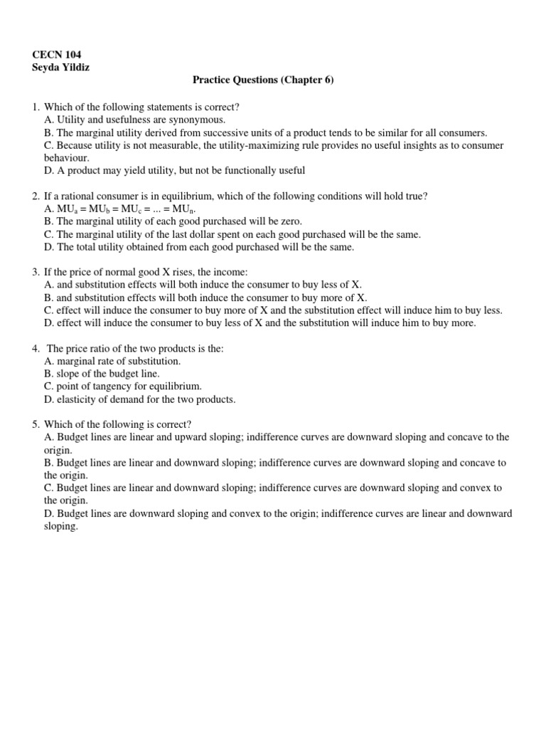 Practice Questions Chapter 6 | PDF | Utility | Economic Theories