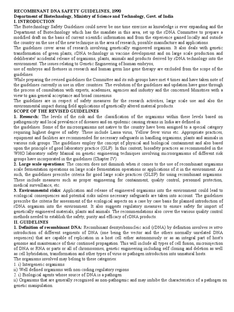 Recombinant Dna Safety Guidelines | PDF | Genetic Engineering ...
