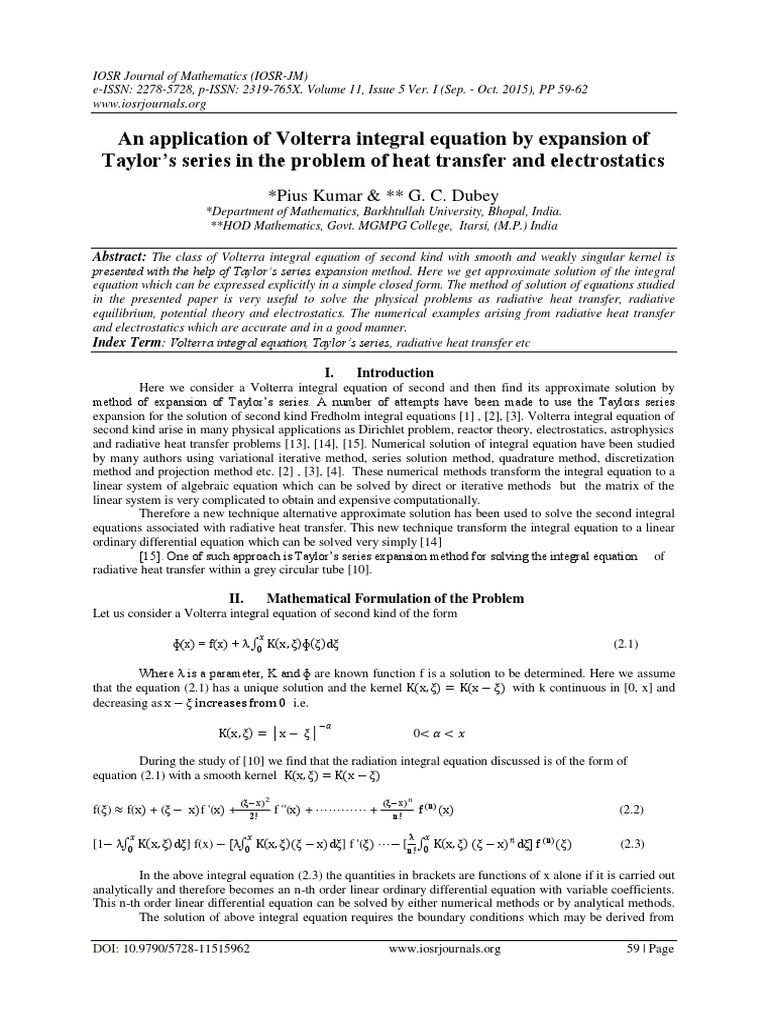 An Application of Volterra Integral Equation by Expansion of Taylor's ...