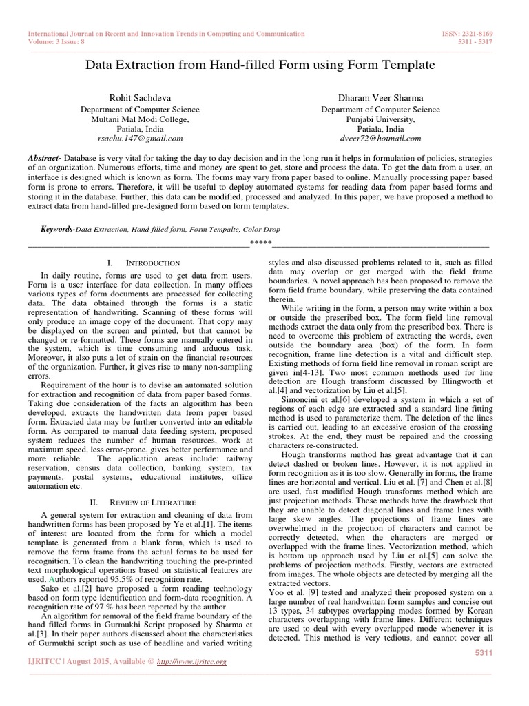 Data Extraction From Hand-Filled Form Using Form Template | PDF ...