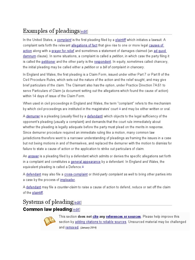 Examples of pleadings in different legal systems /TITLE | PDF ...