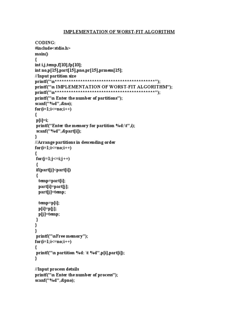Implementation Of Worst Fit Algorithm Coding Include Main Pdf Computer Programming 8931