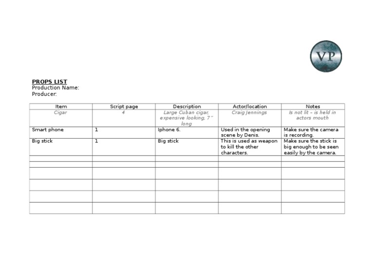 Props List for Film Production | PDF