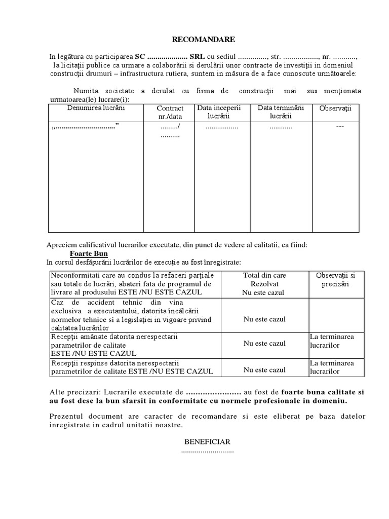 Recomandare Lucrari Beneficiar | PDF