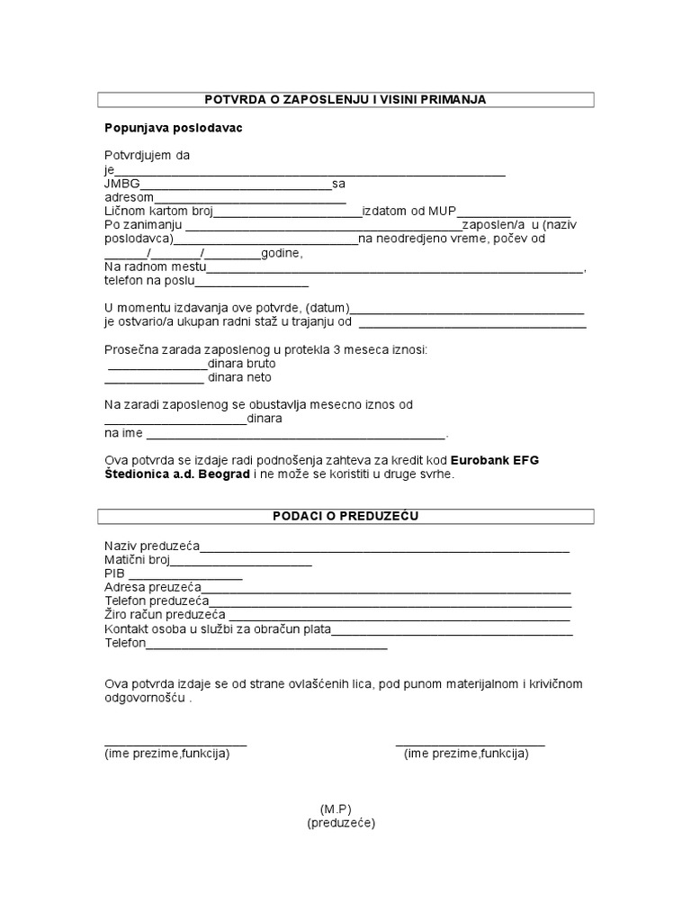 Potvrda o Zaposlenju | PDF