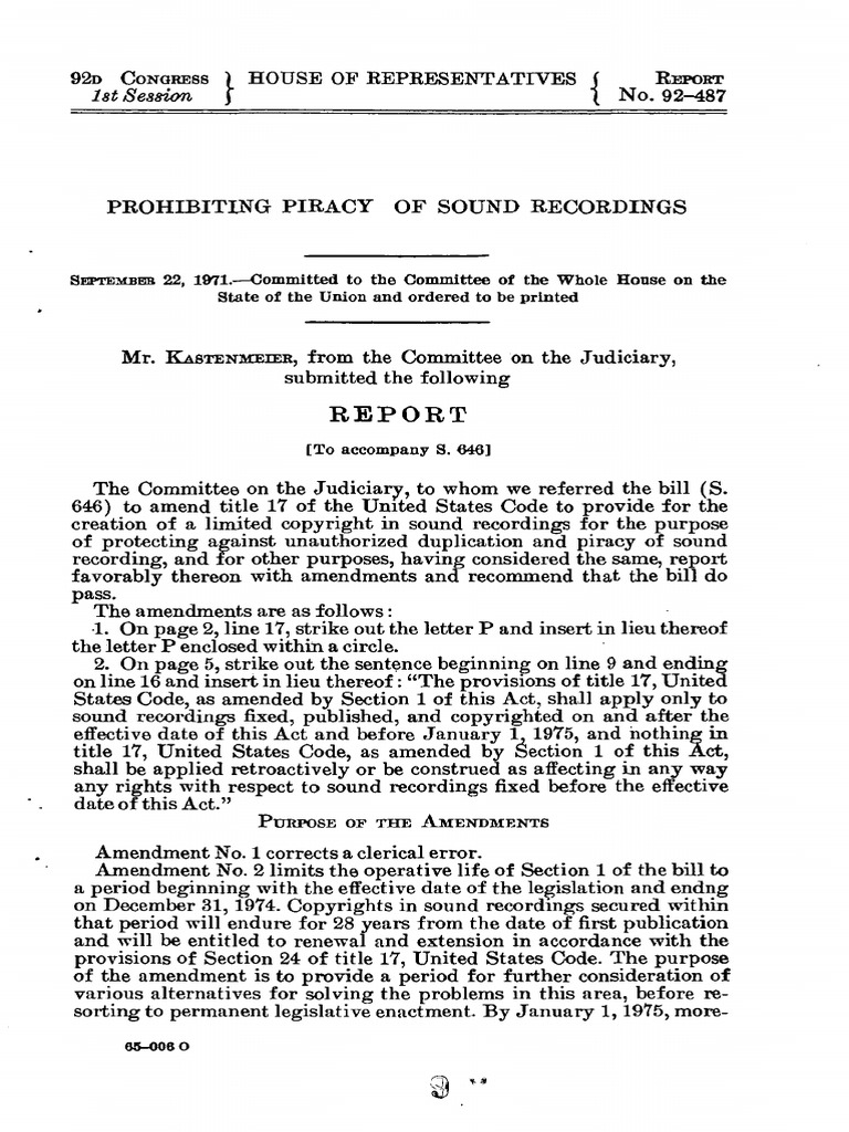 H.Rep - No. 92-487, 92d Cong., 1st Sess. (Sept. 22, 1971) PDF | PDF | Copyright Infringement ...